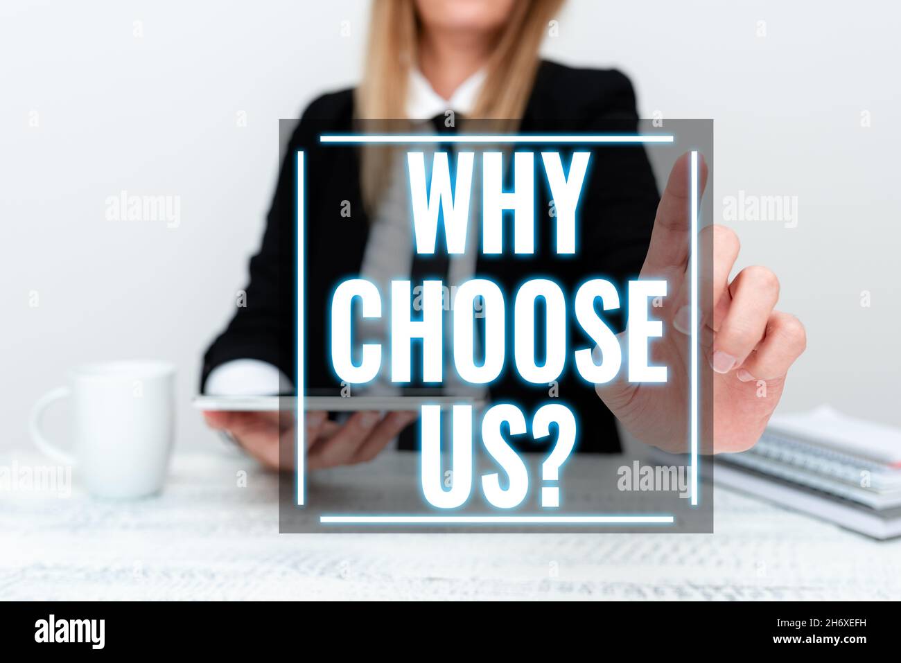 Hand writing sign Why Choose Us Question. Word for list of advantages ...