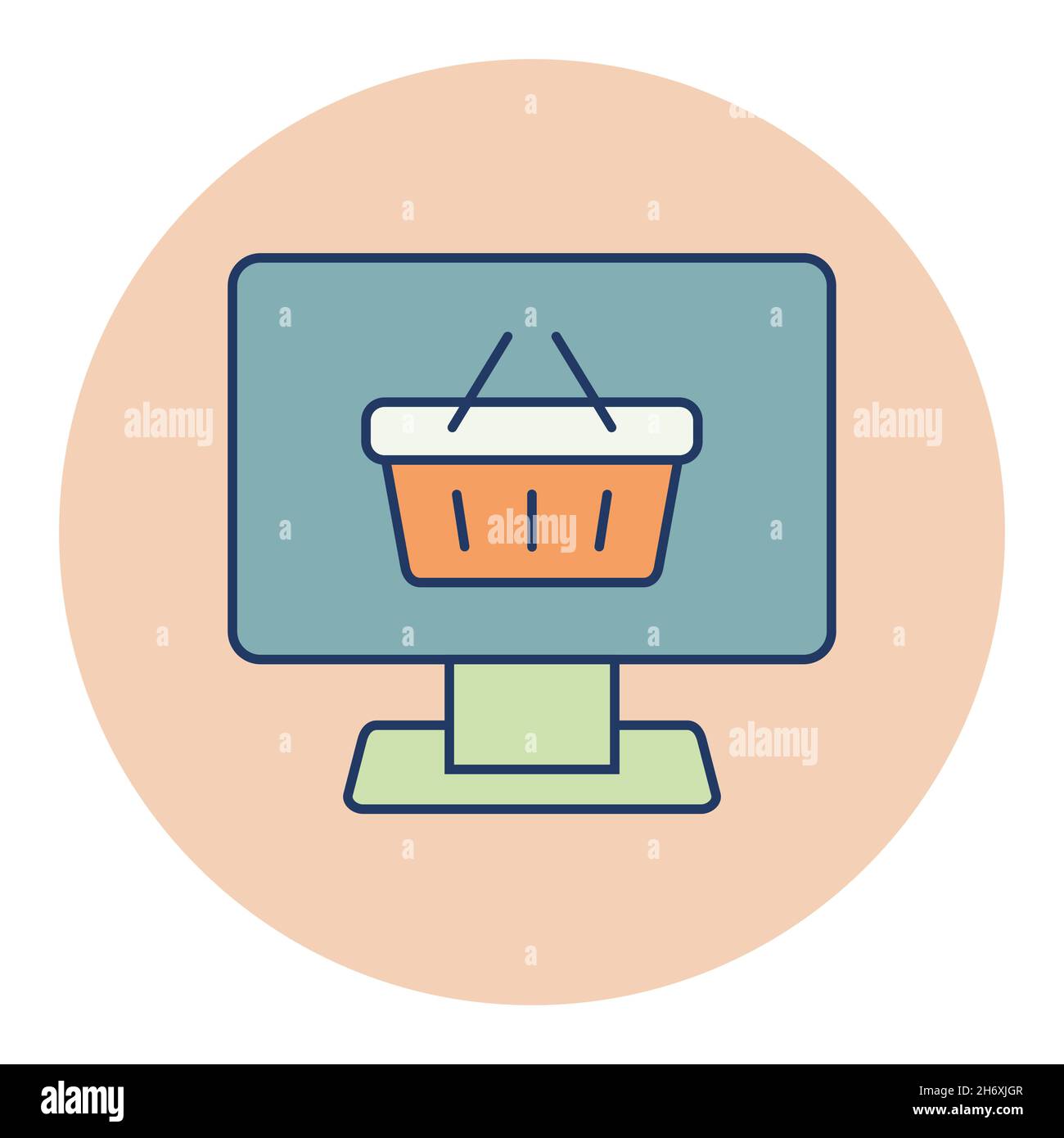 Computer display with shopping cart flat icon vector. Online shoping ...