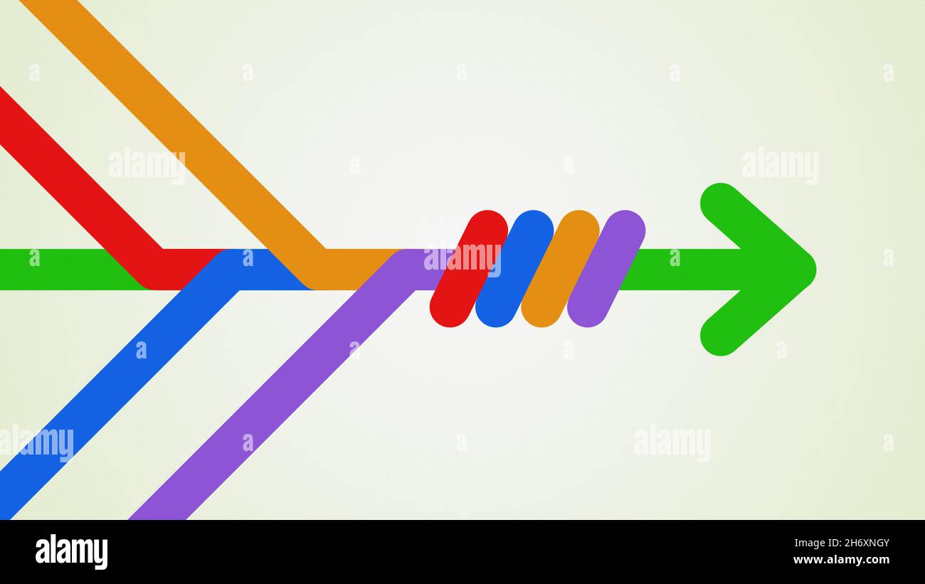 Colorful lines tied up and merging into a green arrow. Abstract ...