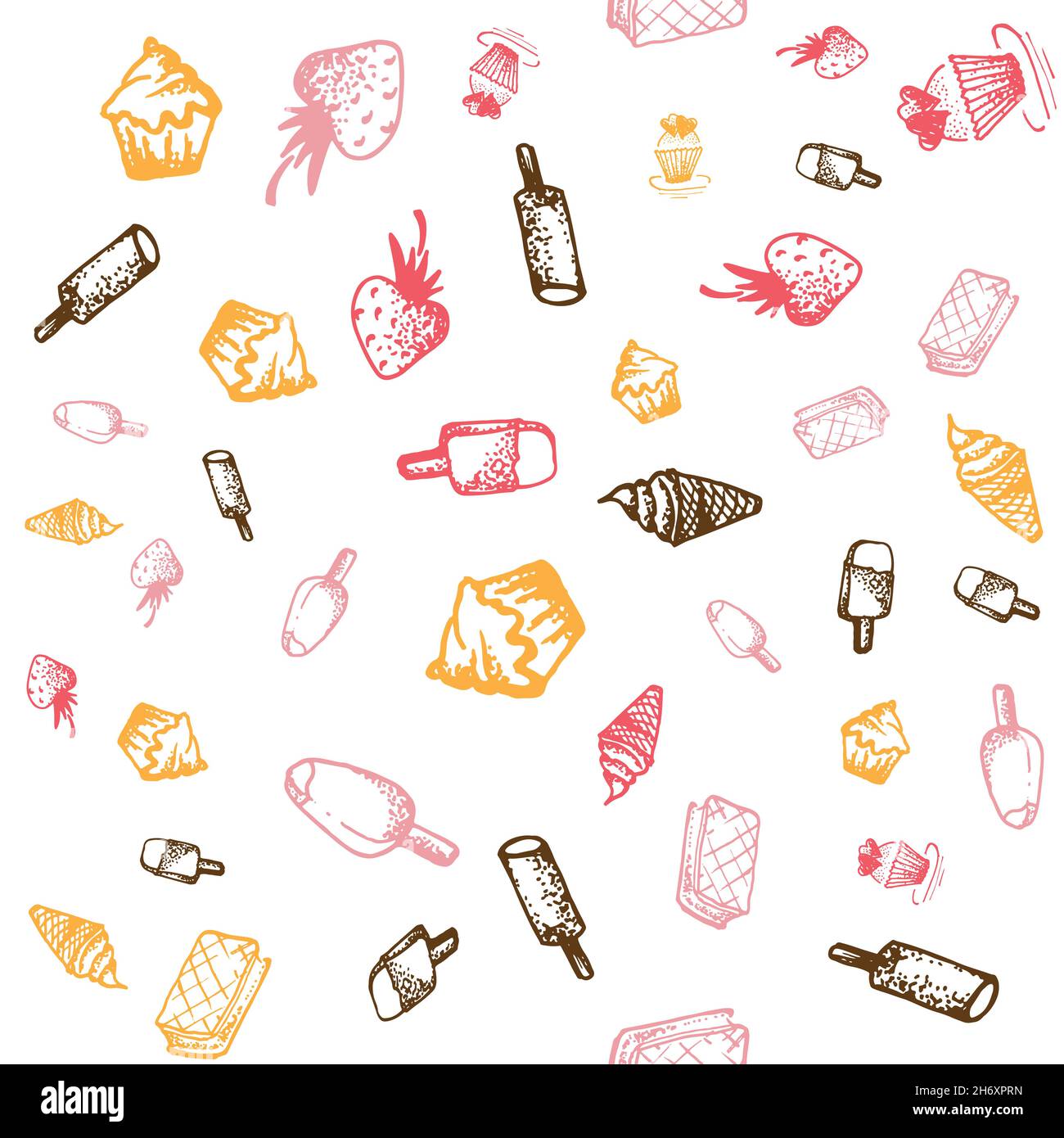 Food hand-drawn sketch line icons seamless pattern on white background ...