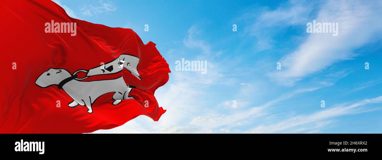 flag of department of Vannes, France at cloudy sky background on sunset ...