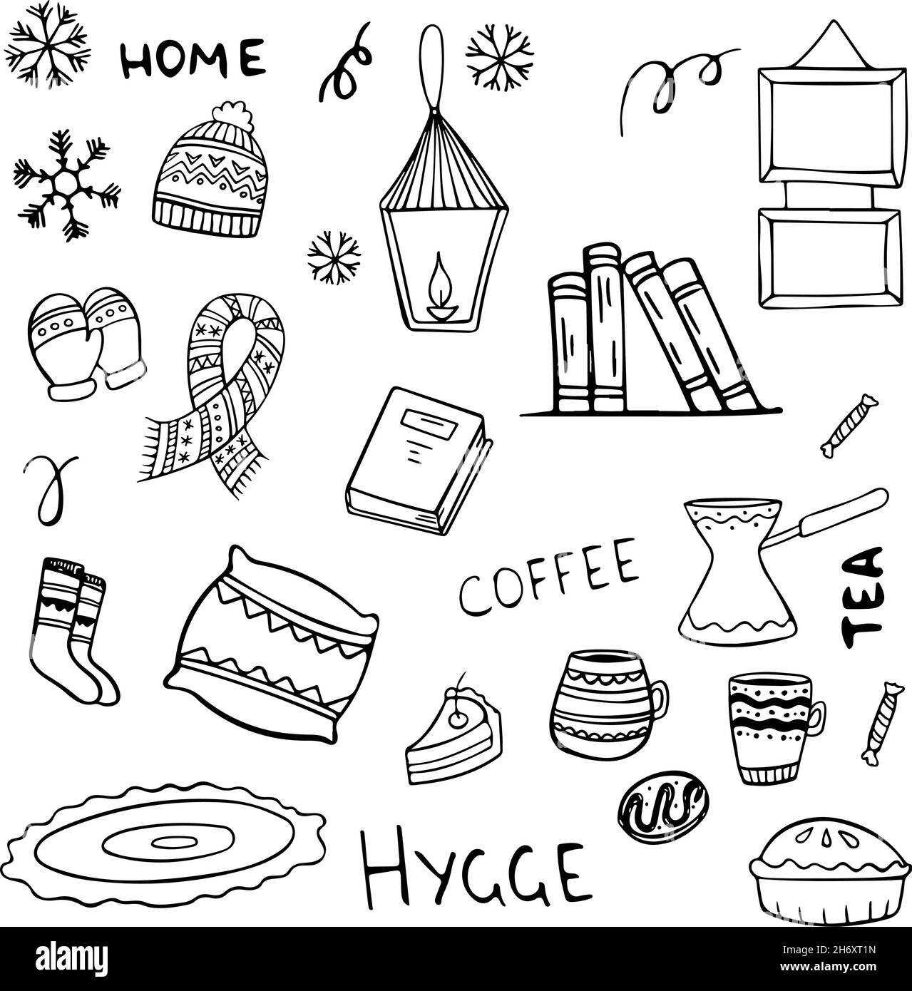 Set of hand drawn hygge cozy elements doodles in vector Stock Vector ...