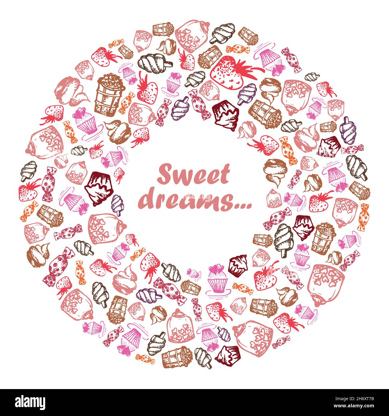 Set of hand-painted doodle icons with food, ice cream, muffins, sweets ...