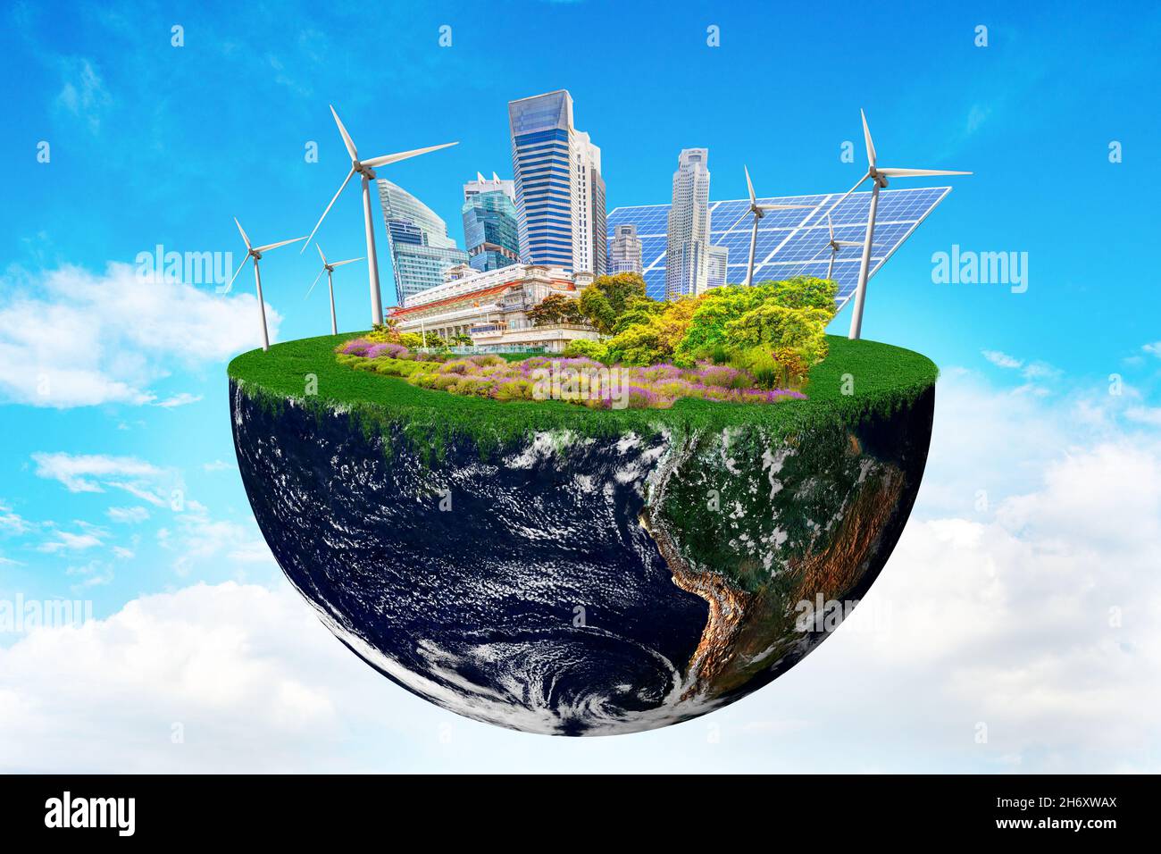 Planet earth with clean nature city relying on renewable resources ...