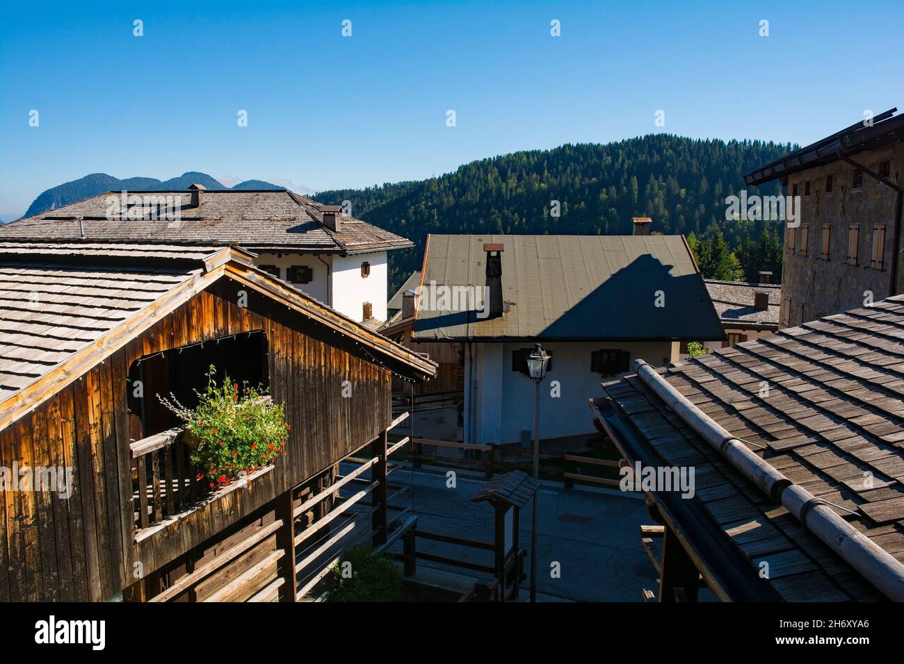 Rooftops of traditional wooden buildings in the Alpine village of ...