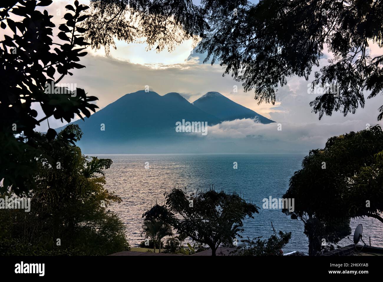 View of Toliman and Atitlan volcanoes, Lake Atitlan, Guatemala Stock ...