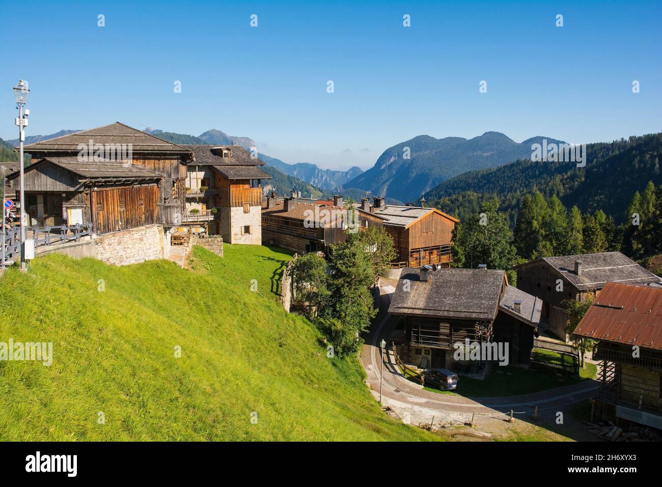 Traditional wooden buildings in the Alpine village of Sauris di Sopra ...