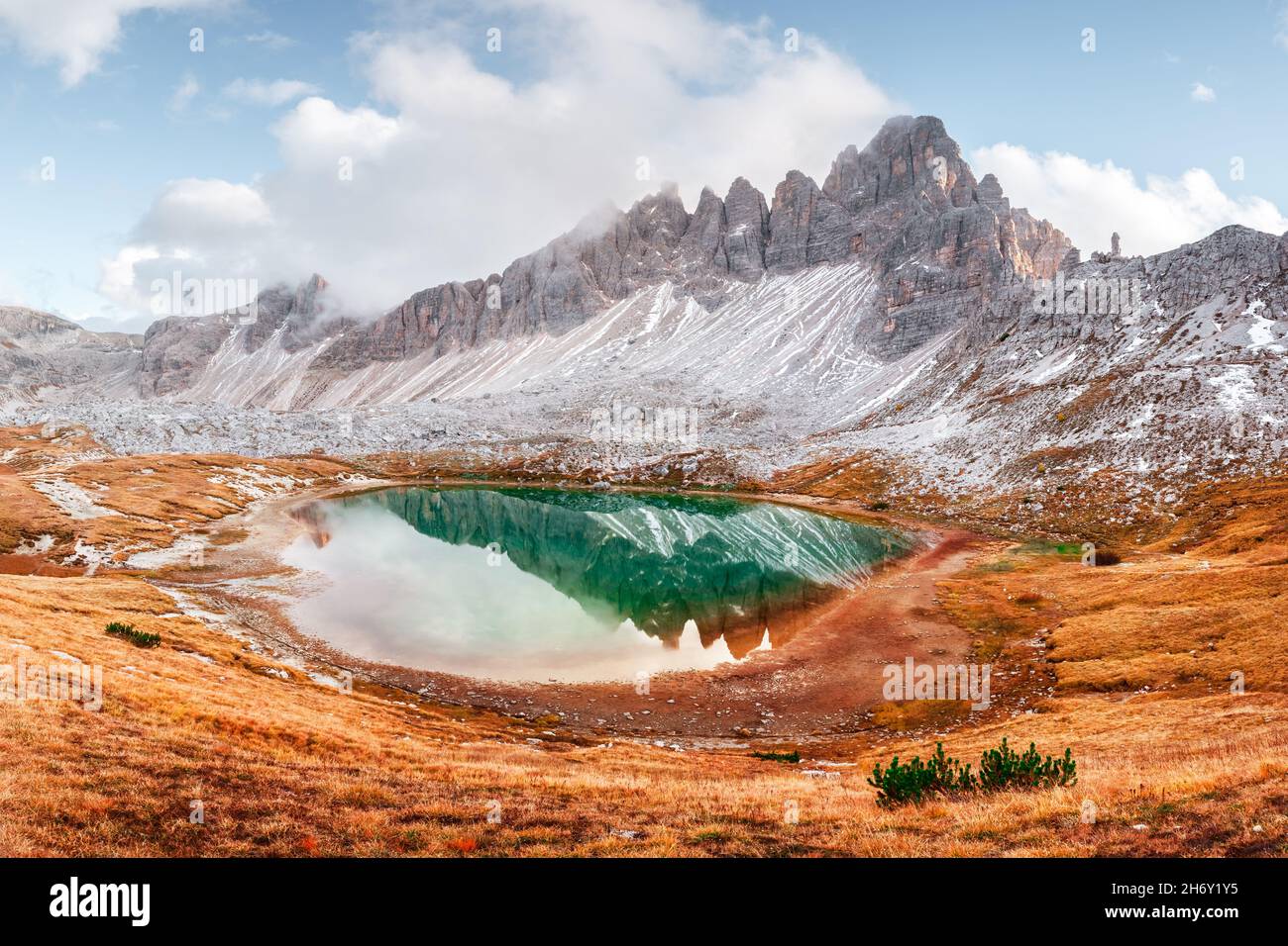 Clear turquoise water of alpine lake Piani in the Tre Cime Di Laveredo ...