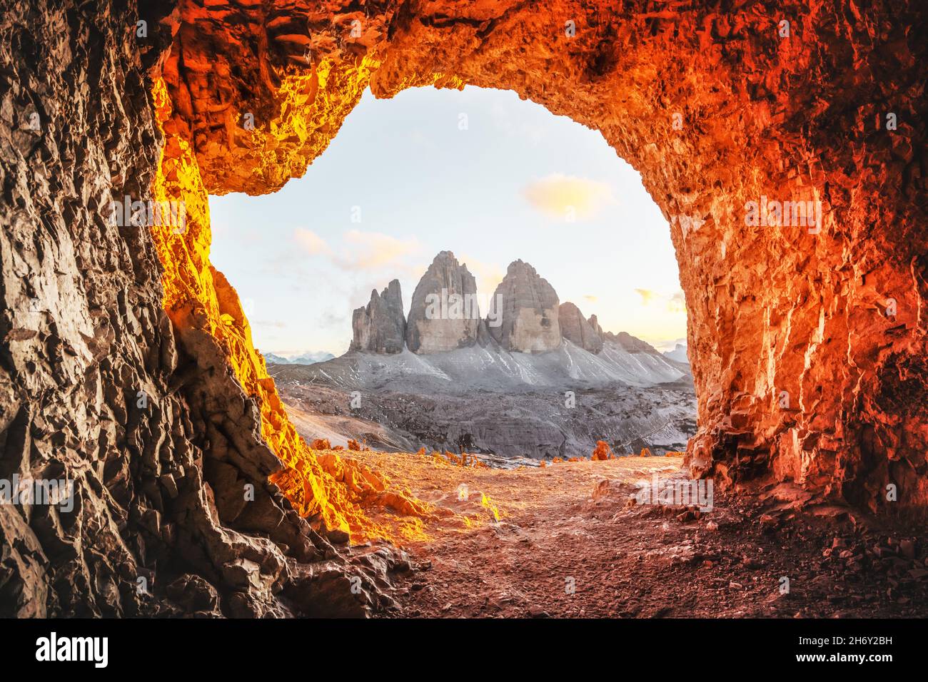 Tre Cime Di Lavaredo peaks in incredible orange sunset light. View from ...