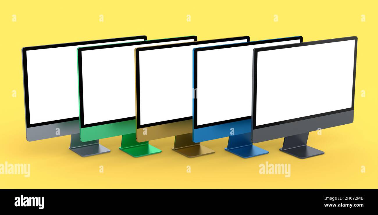 Set Of Desktop Computers With Blank Screen Display Isolated On Yellow Background 3d Rendering