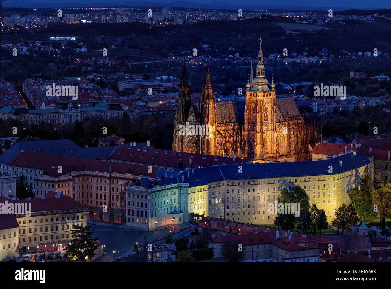 The Prague castle area from Petrin tower viewpoint at night, Prague ...