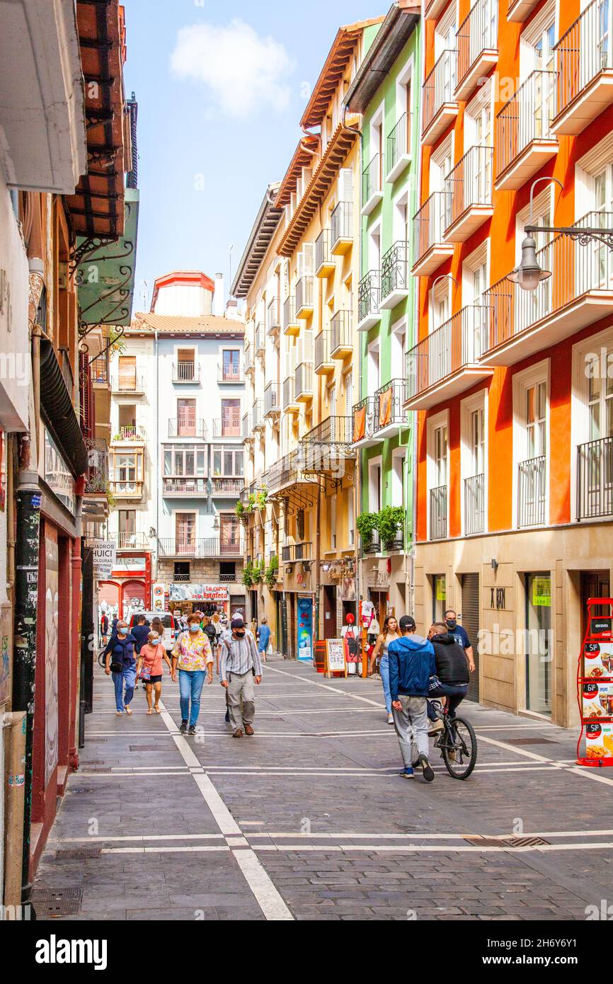 Spanish street scene in the city of Pamplona Navarra Spain looking ...