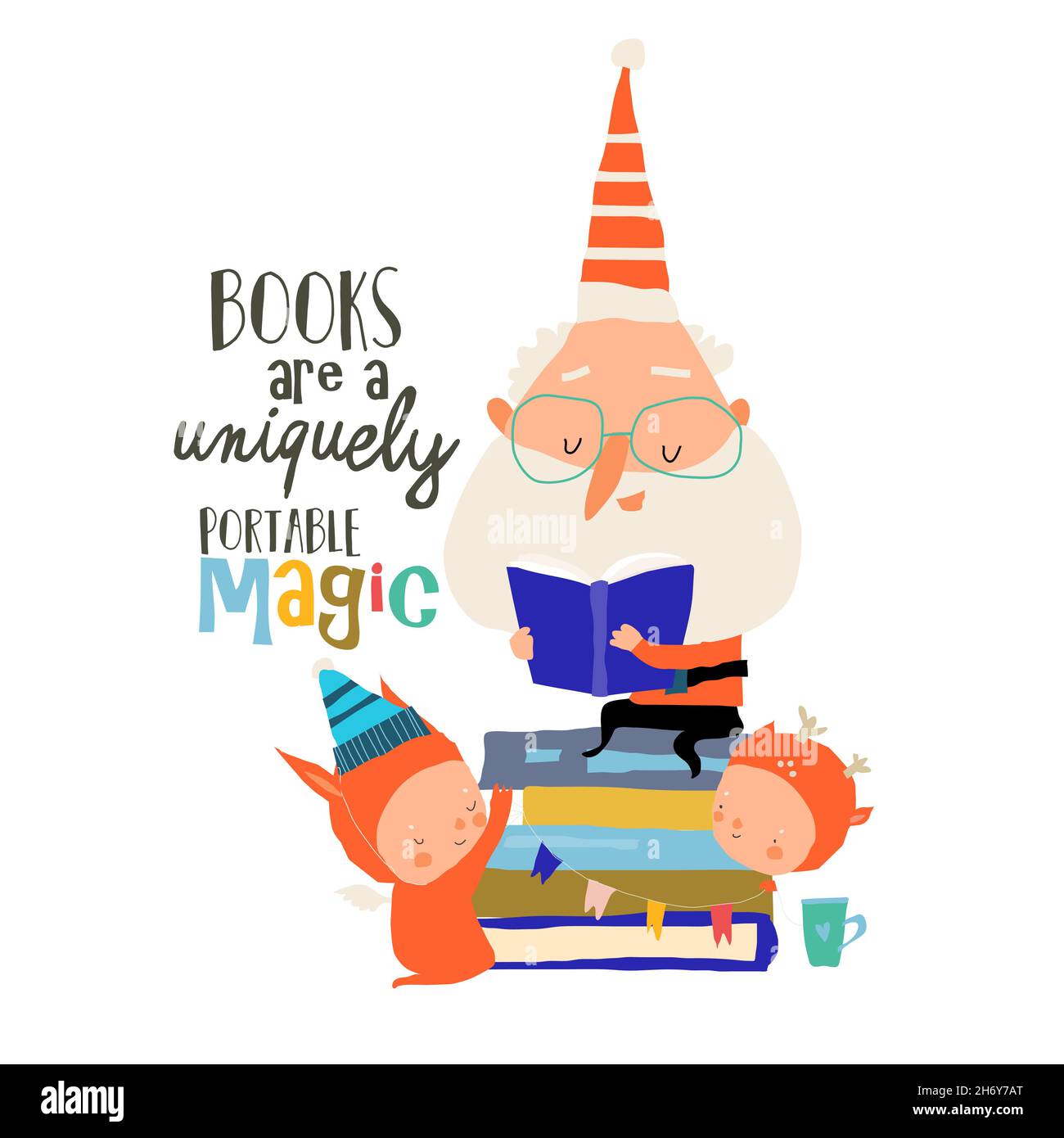 Santa Claus reading Book with Happy Angels Stock Vector Image & Art - Alamy