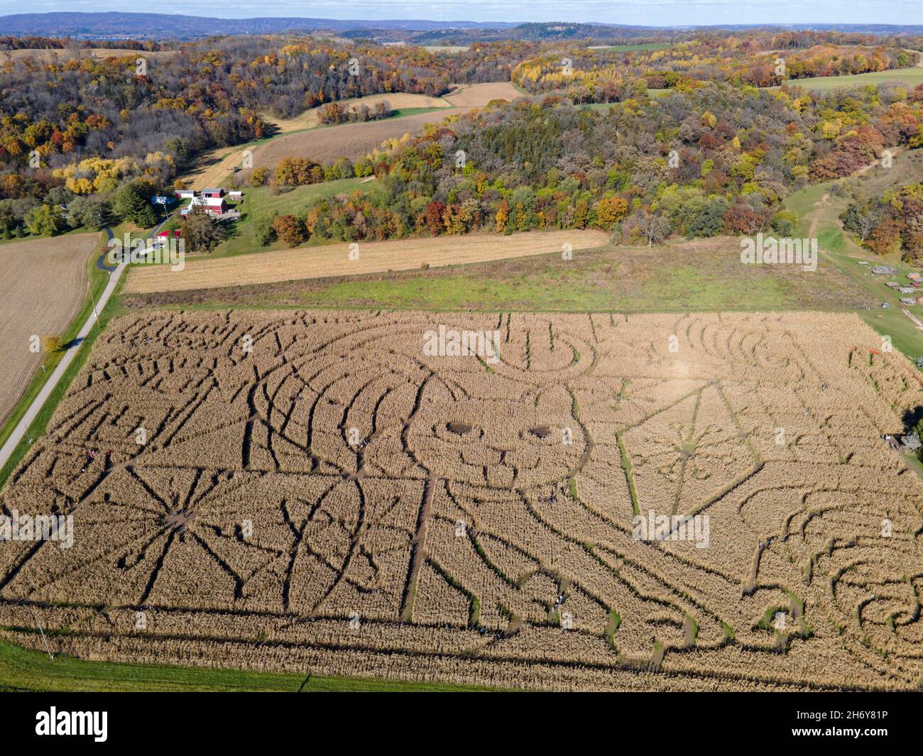 Aerial photograph of Treinen Farm's Schršdinger Cat Corn Maze on a ...