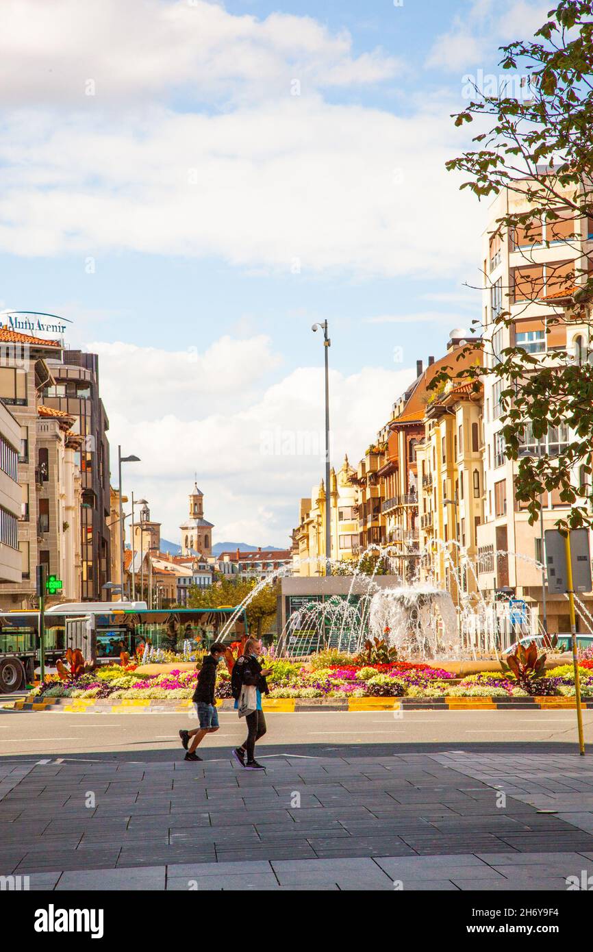 Spanish street scene in the city of Pamplona Navarra Spain looking ...