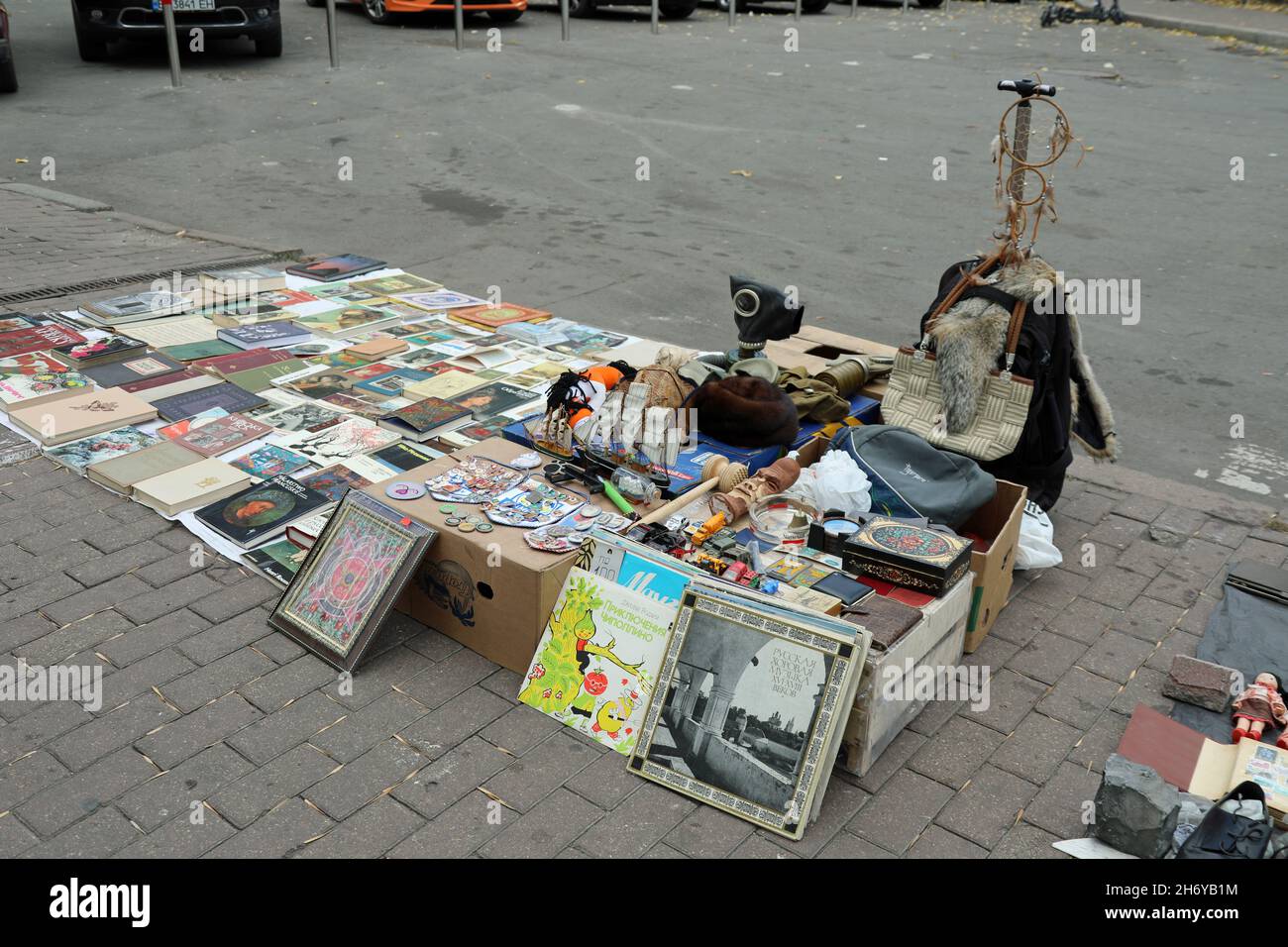 Second hand stall on the pavement in the Podil neighbourhood of Kyiv ...
