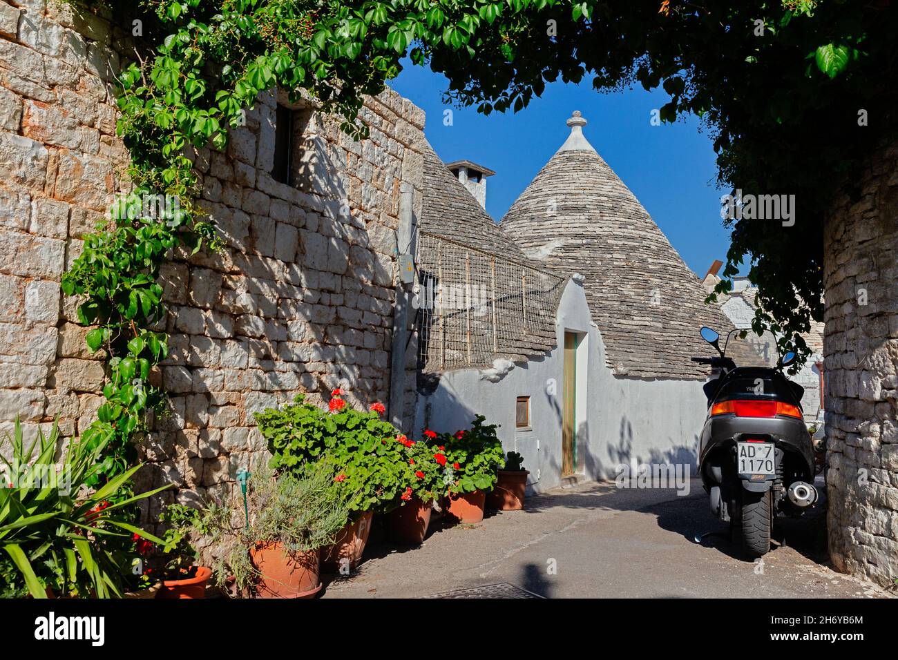 Traditional Trulli buildings lined with colorful flowers in Alberobello ...