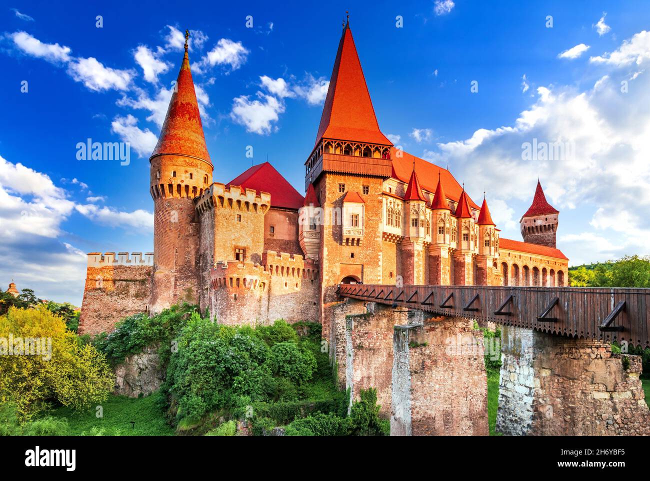 Hunyad Castle. Beautiful panorama of the Corvin's Castle with wooden ...