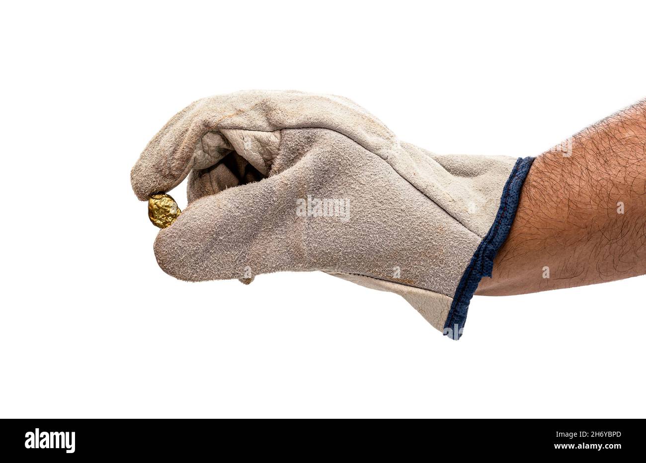 miner hand with protective glove holding gold ore, golden metallic ...