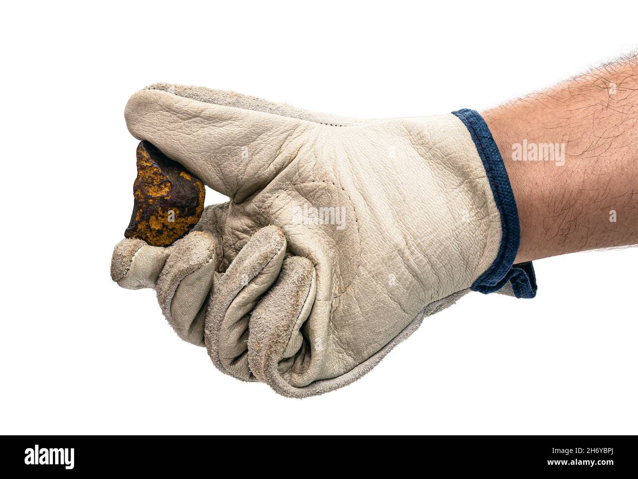 miner hand with protective glove holding metallic rock, isolated white ...