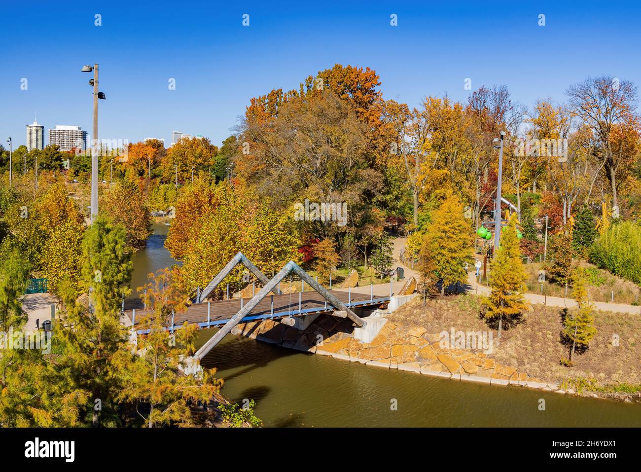 Beautiful fall color of the Gathering Place at Tulsa, Oklahoma Stock ...