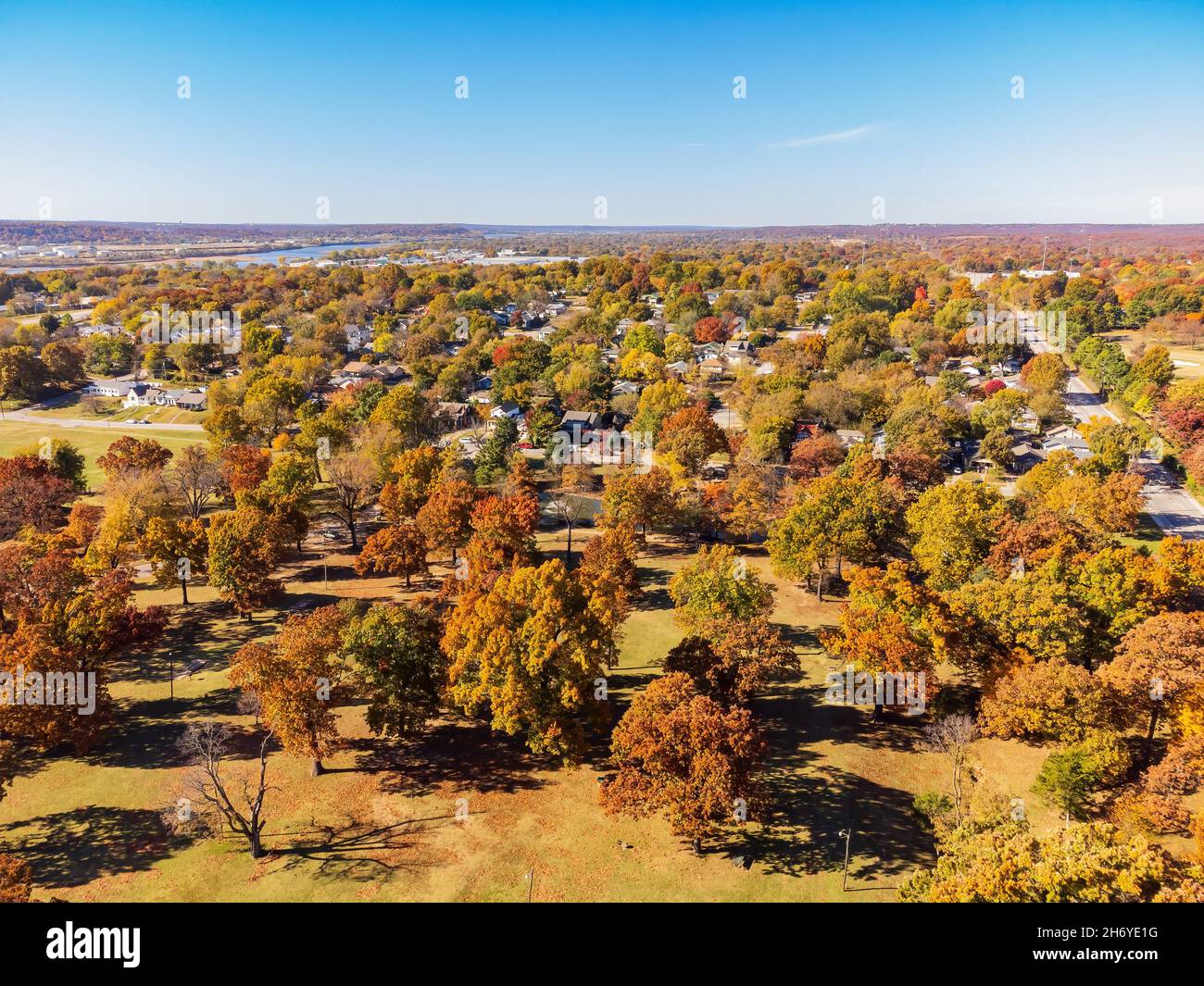 Aerial view of the beautiful fall color of the Owen Park at Tulsa ...