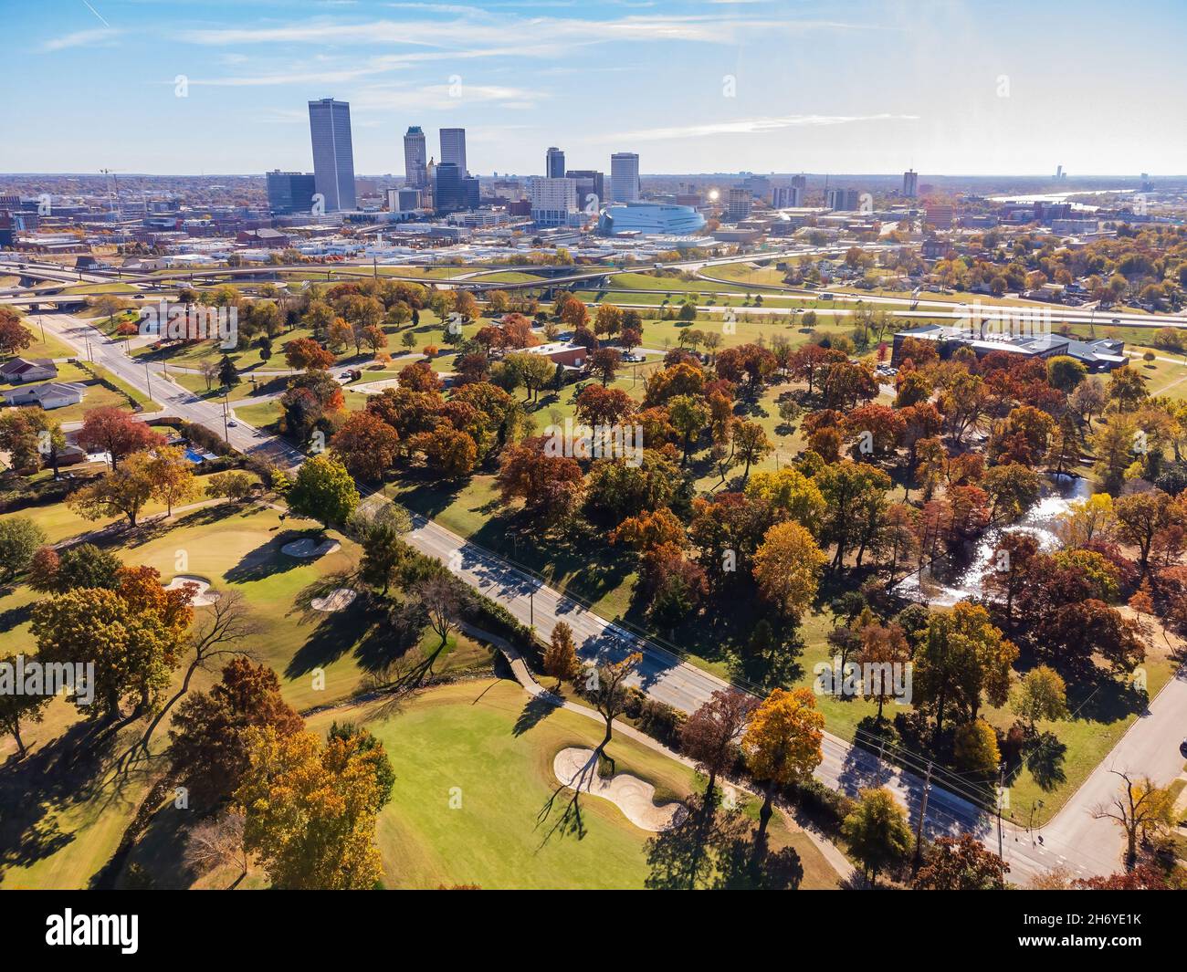 Aerial view of the beautiful fall color of the Owen Park and downtown ...
