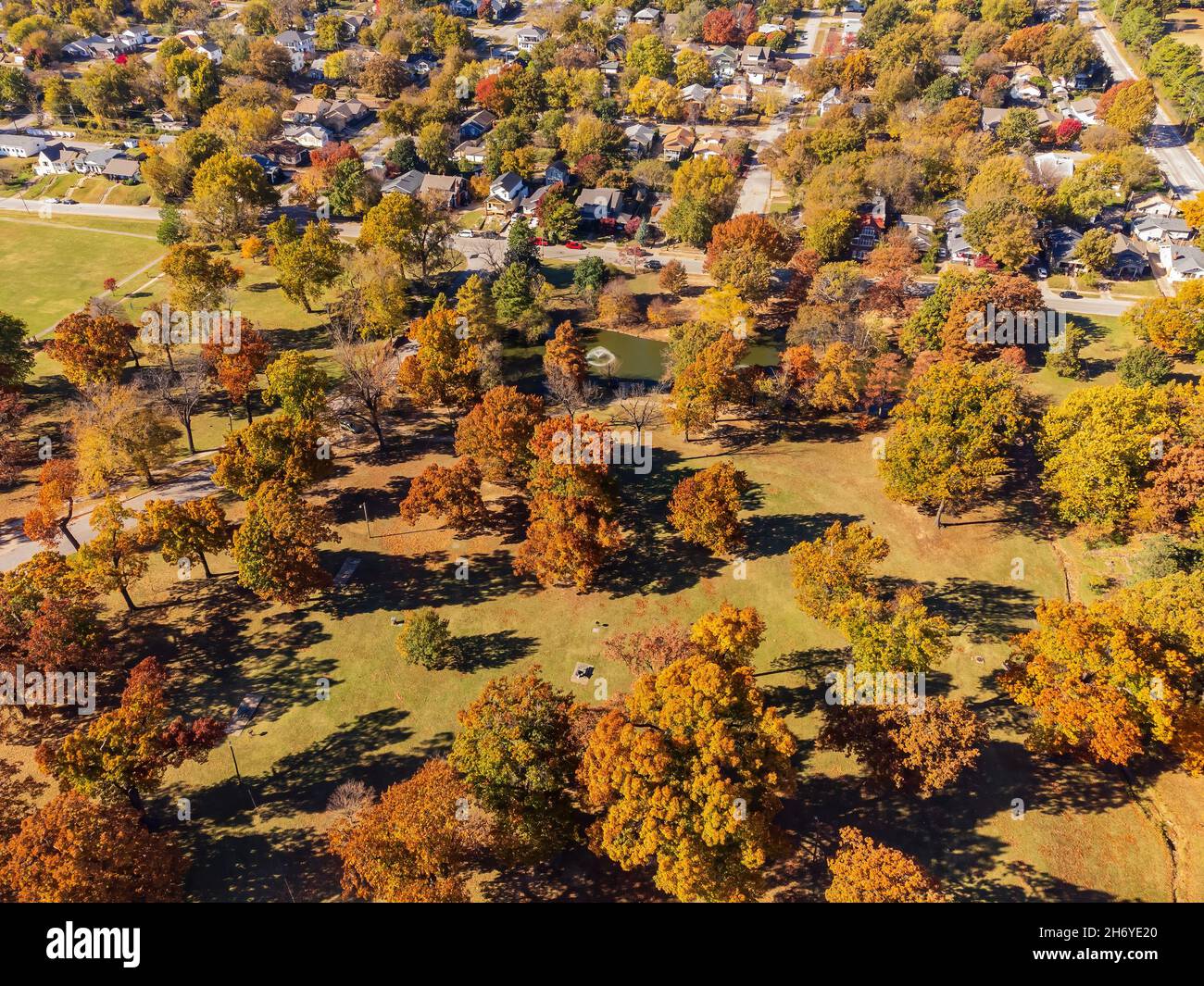 Aerial view of the beautiful fall color of the Owen Park at Tulsa ...