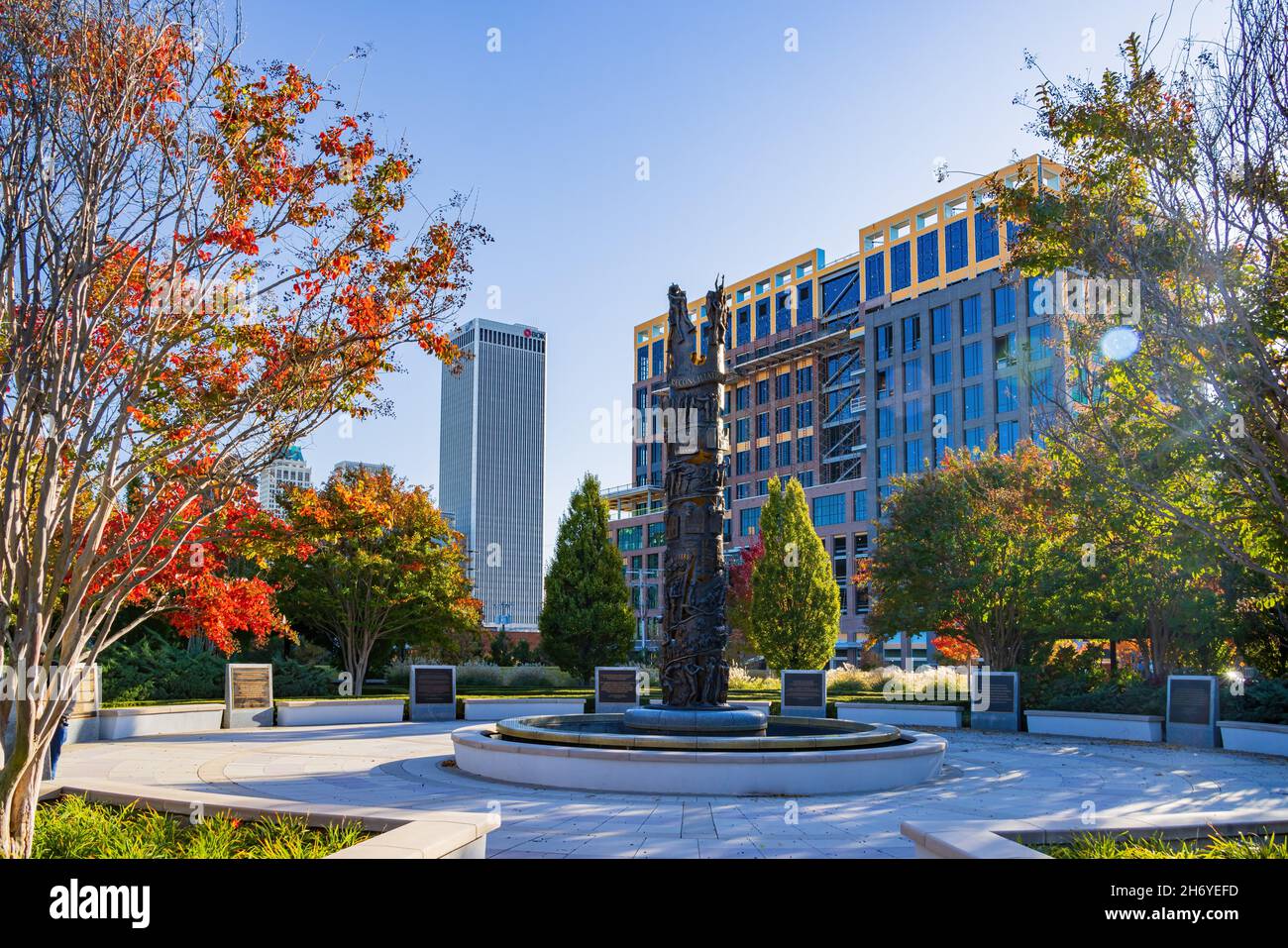 Tulsa, NOV 12 2021 - Beautiful fall color and statue at the John Hope ...