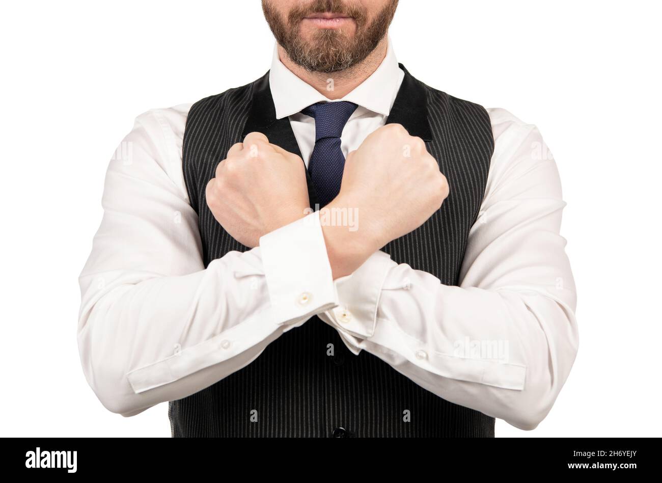 crossed arms with fists of businessman isolated on white background ...