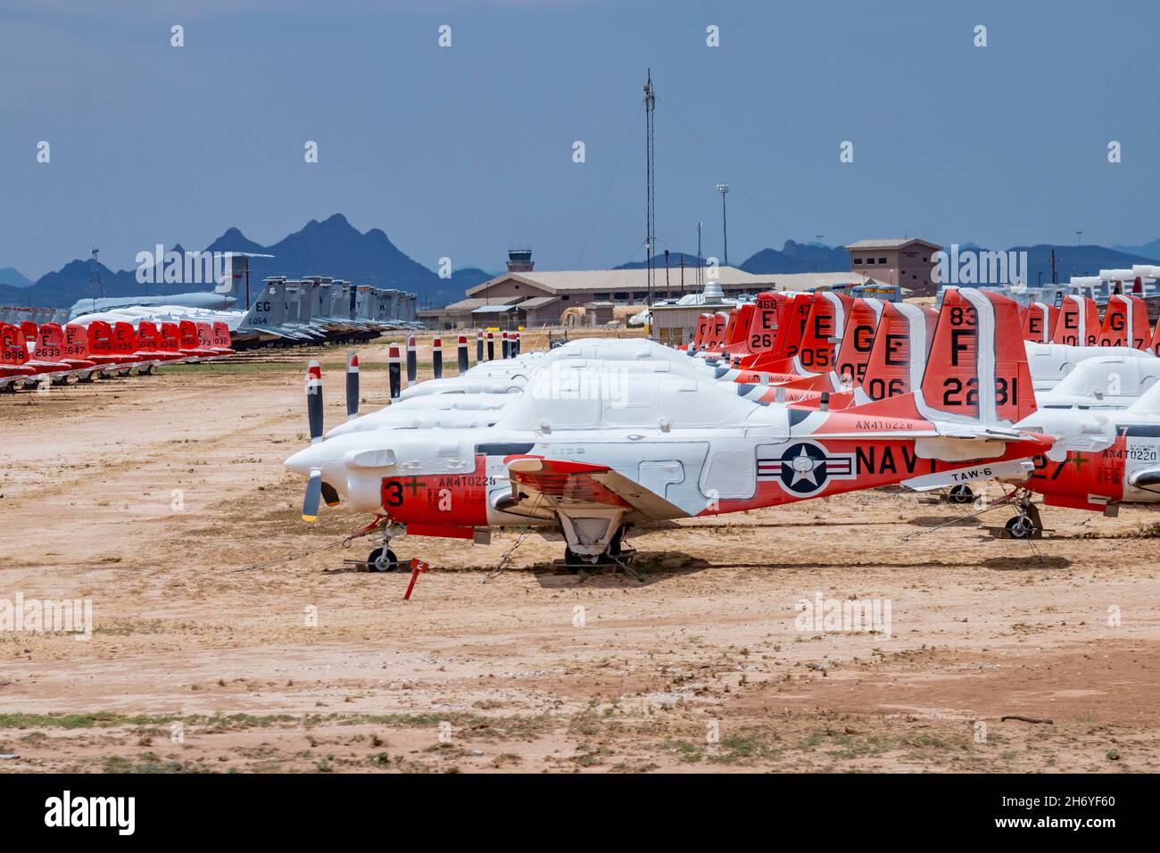 row of decommissioned propeller military aircraft at Davis-Monthan Air ...
