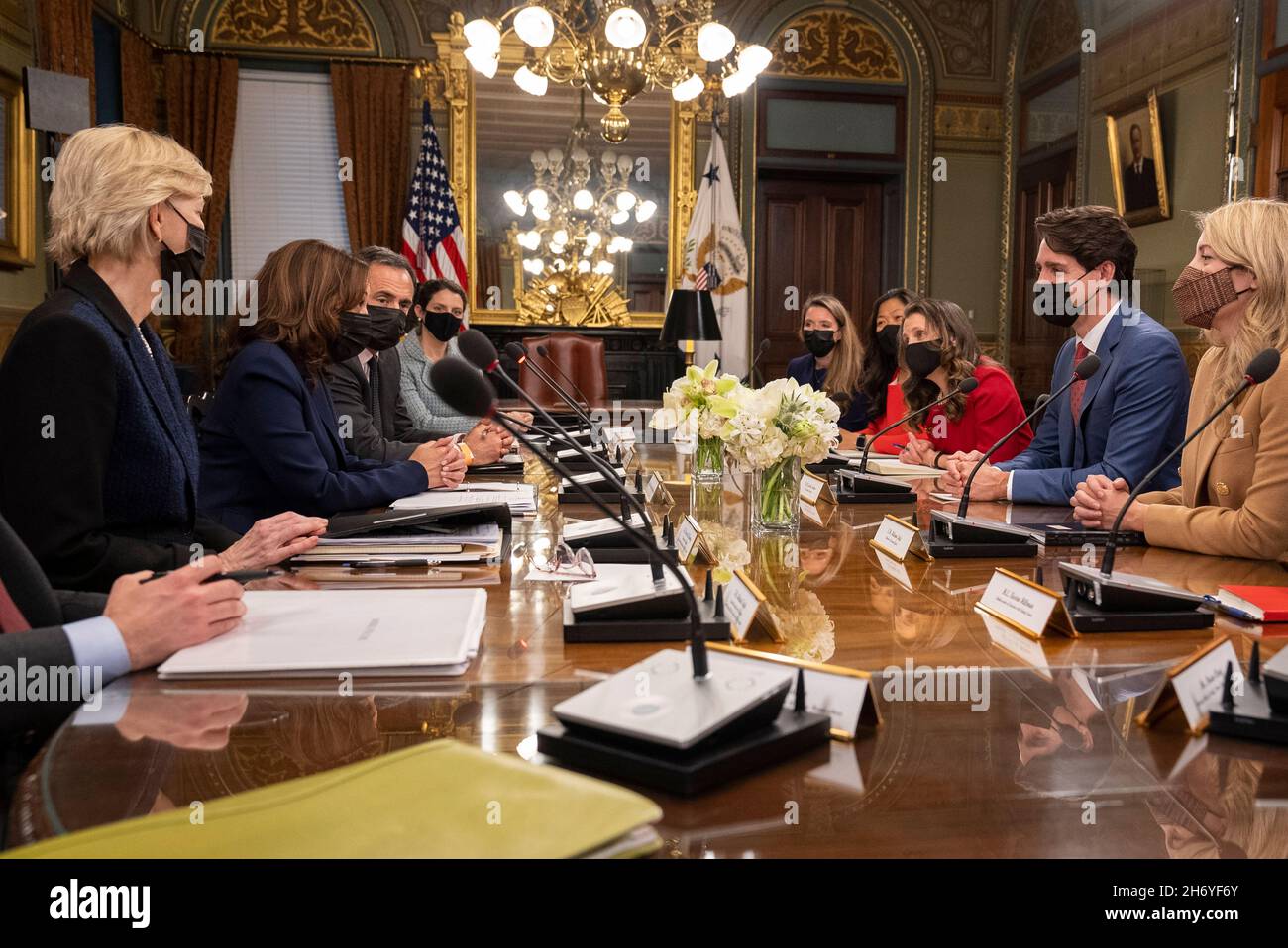 US Vice President Kamala Harris, second left, holds a bilateral meeting ...