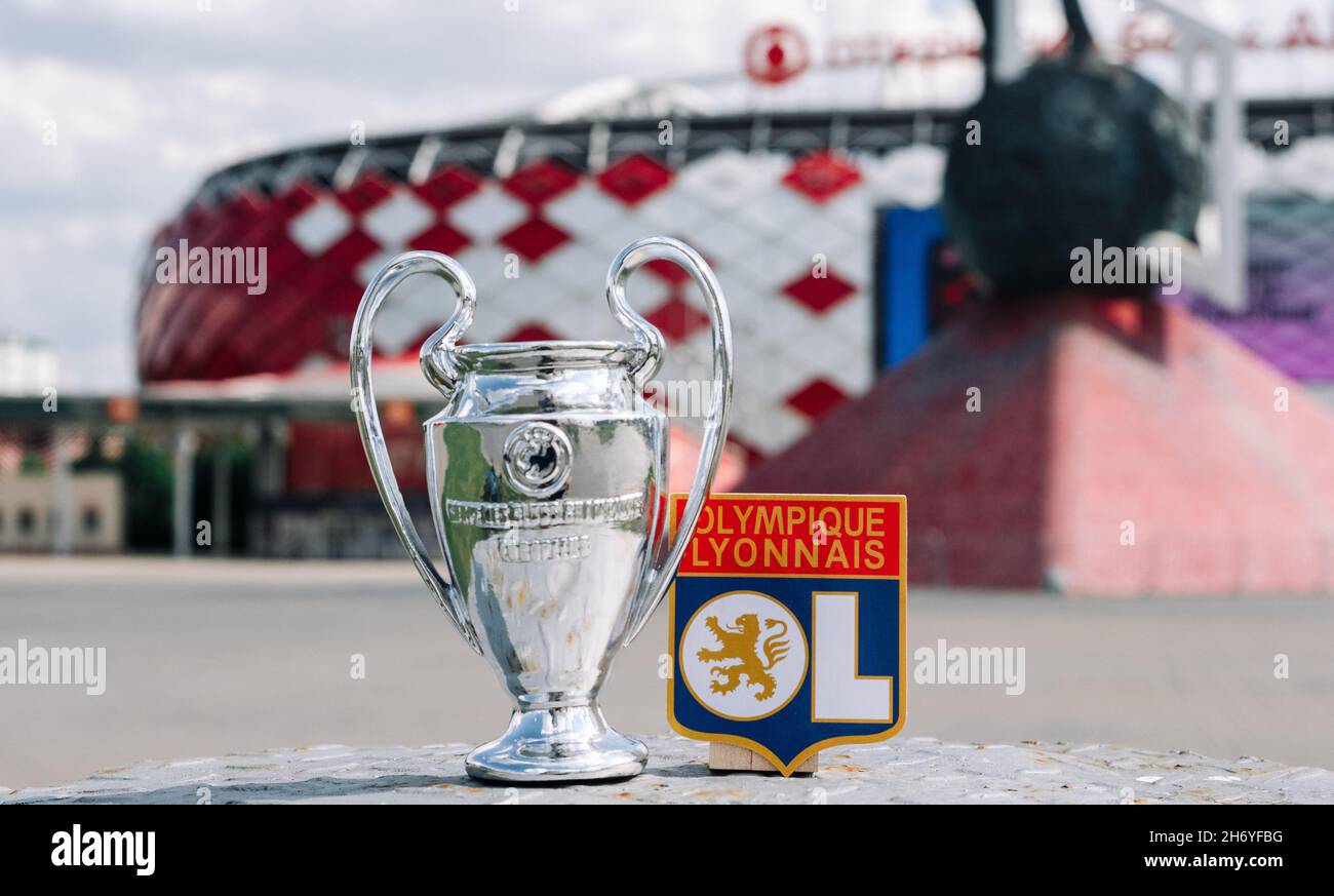 June 14, 2021, Lyon, France. The emblem of the football club Olympique ...