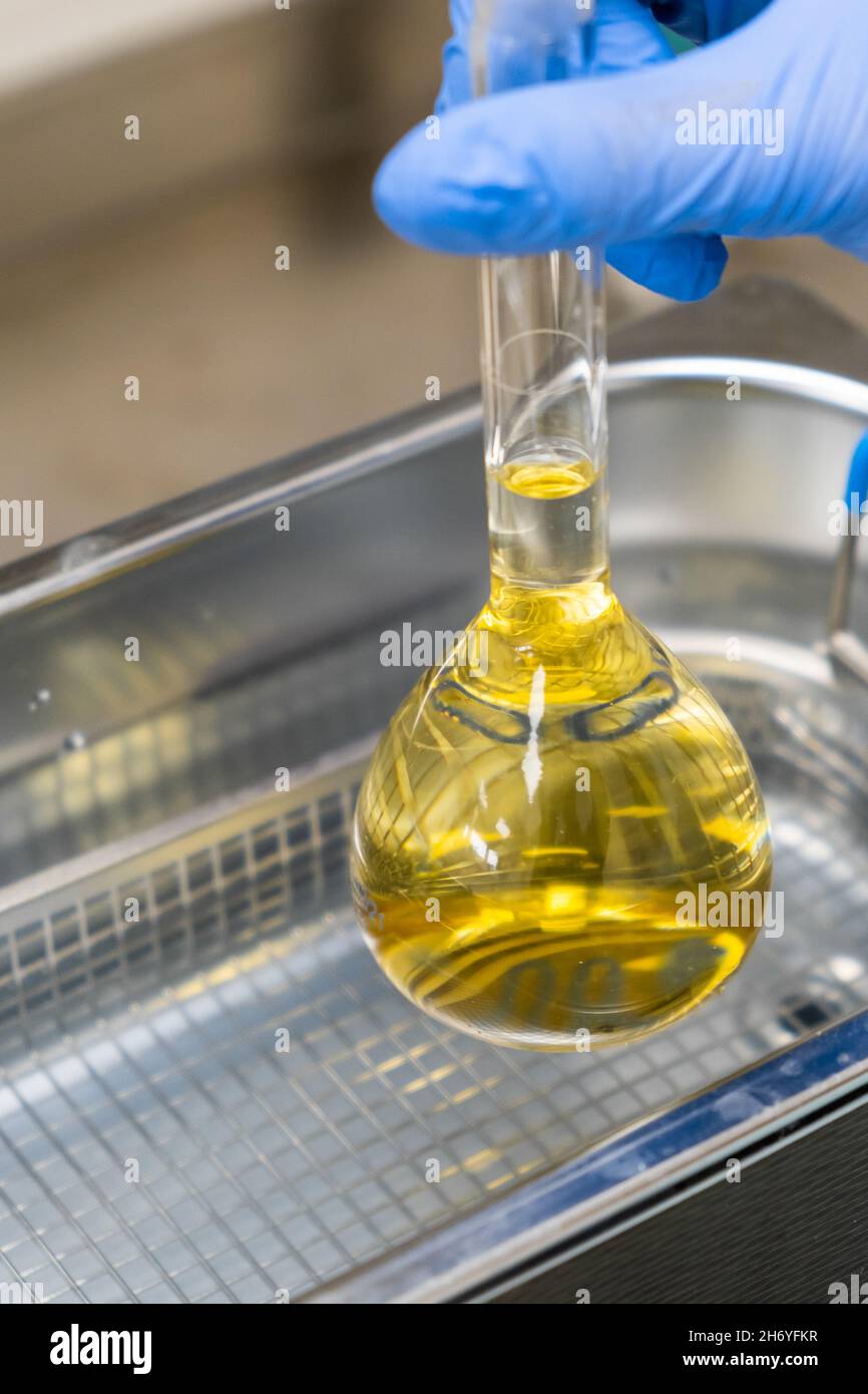Scientist in blue rubber puts a yellow solution in the flask for ...