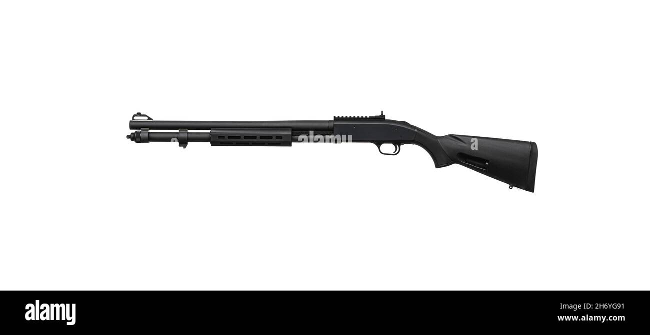 Pump-action 12 gauge shotgun isolated on a white background. A smooth ...