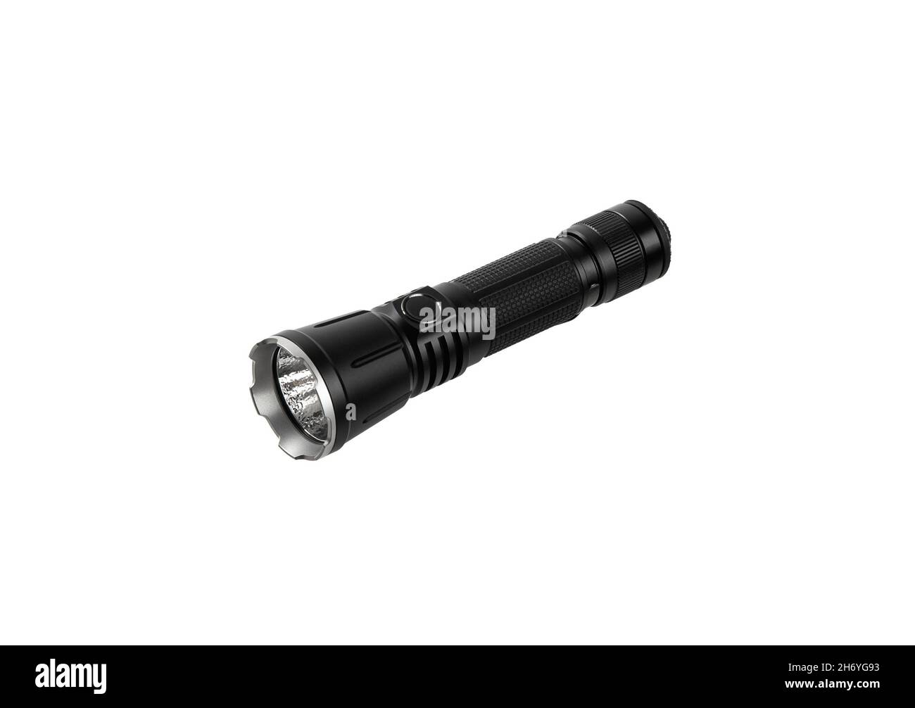 Modern black metal LED flashlight isolated on white background Stock ...