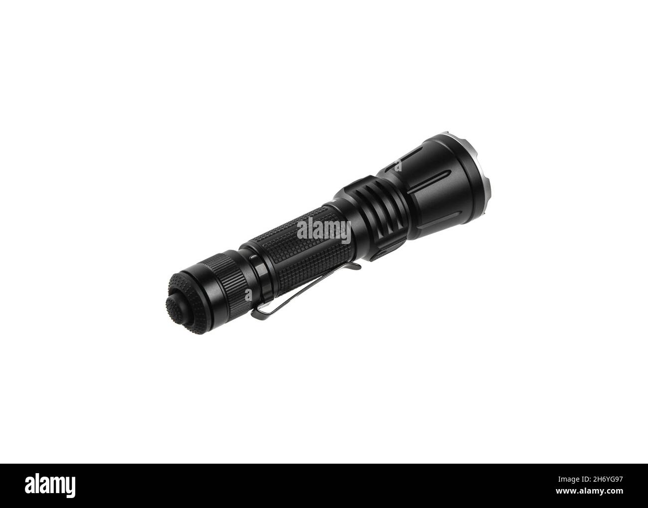 Modern black metal LED flashlight isolated on white background Stock ...