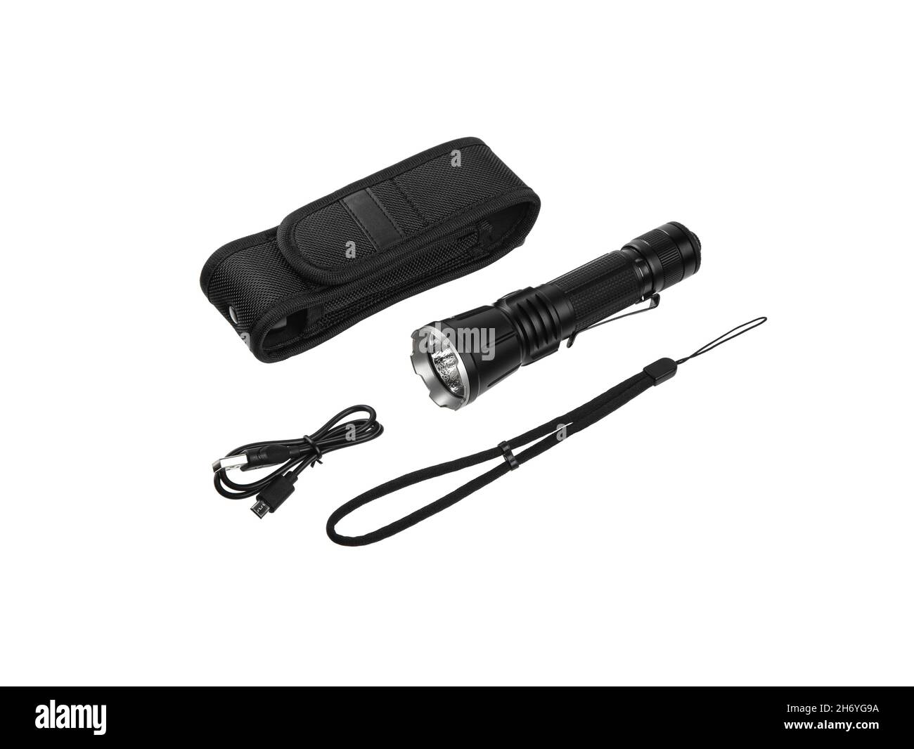 Modern black metal LED flashlight isolated on white background Stock ...