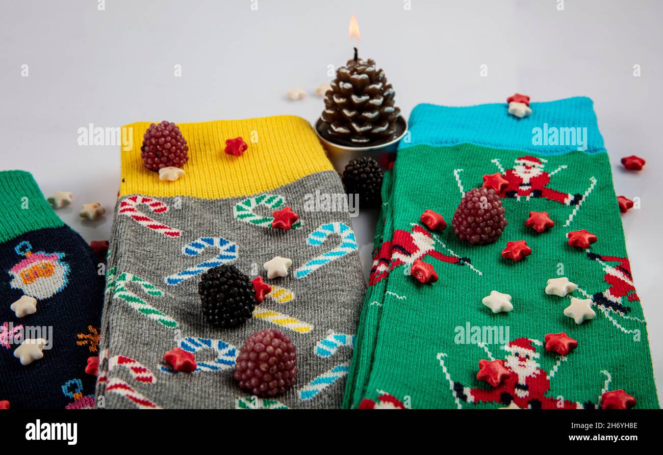 Christmas Socks concept. colorful xmas socks. red, green, dark green ...
