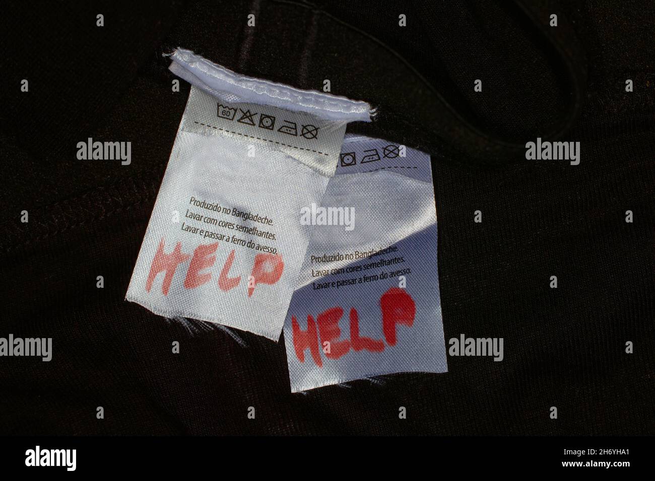 Help, cry for help, sewn into a piece of clothing, made in Bangladesh ...