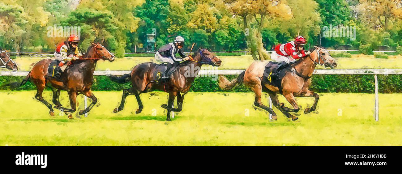 Painting of galloping race horses in racing competition, Horse race ...