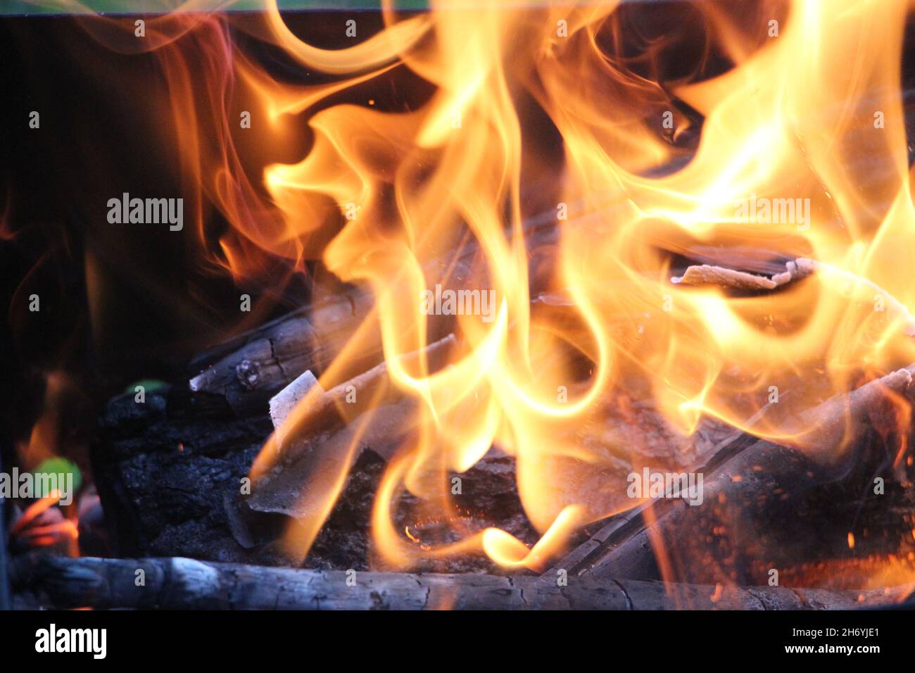 Smoldering ashes of a bonfire. Fire burns closeup at campfire Stock ...