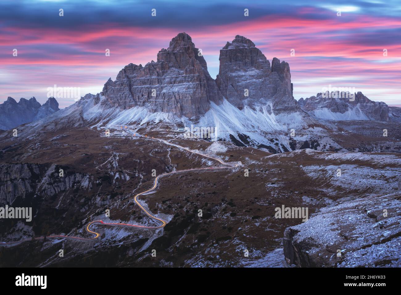 Dramatic evening landscape with Three peaks of Lavaredo mountains ...