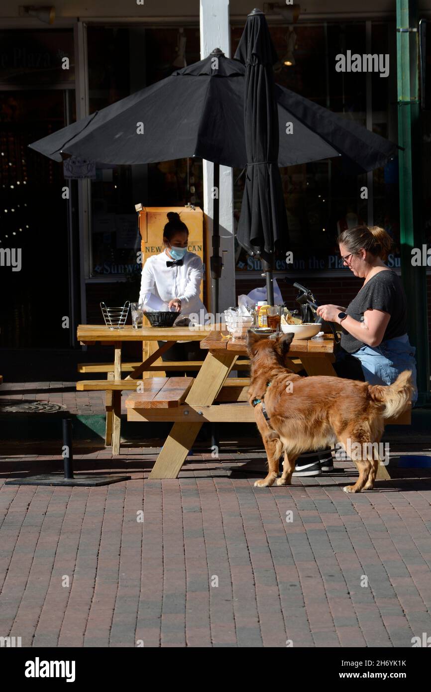 A woman enjoys lunch at a restaurant while sitting alone at an outdoor ...