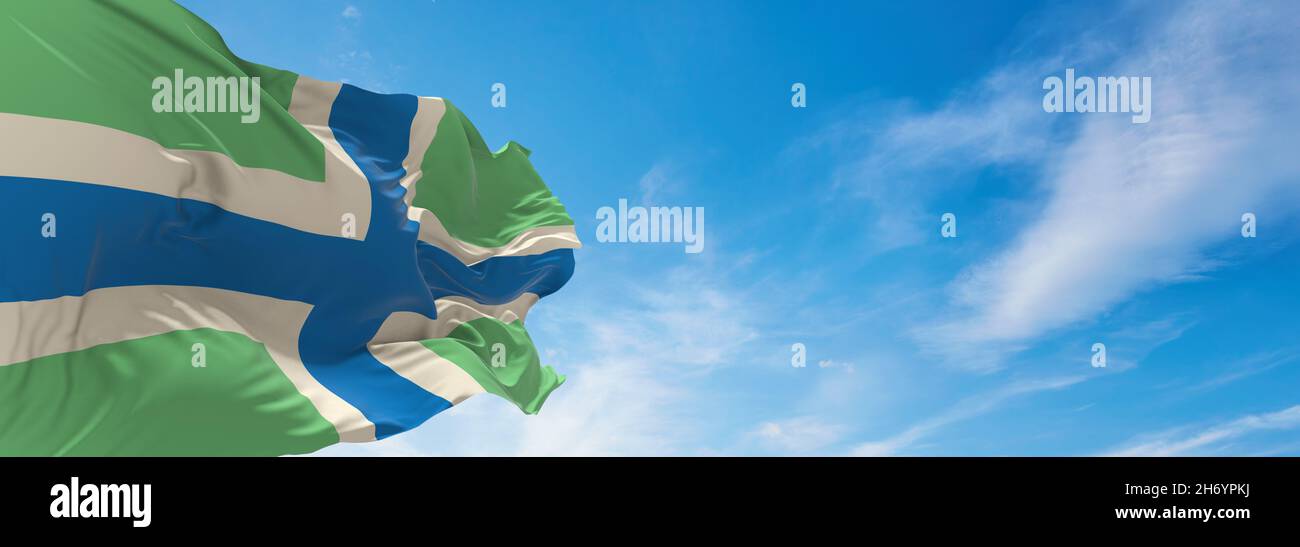 flag of county Severn Cross, UK at cloudy sky background on sunset ...