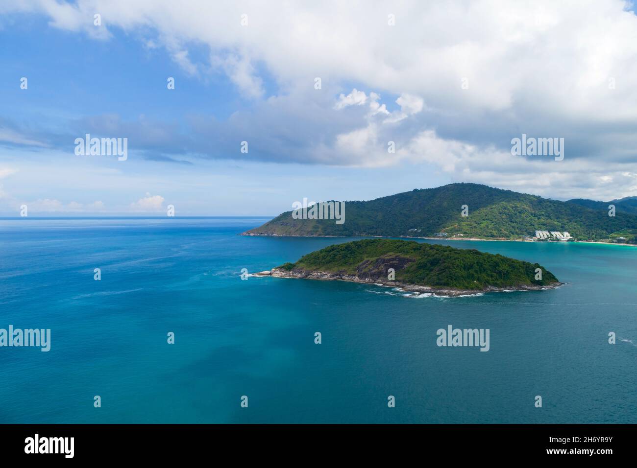 Aerial view landscape of small island in tropical sea against blue sky ...