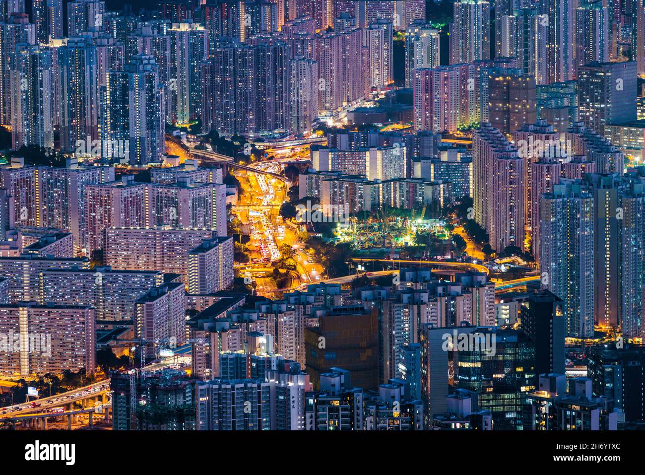 Nightscape of the residential area of downtown Kowloon, Hong Kong. cyberpunk color tone Stock ...
