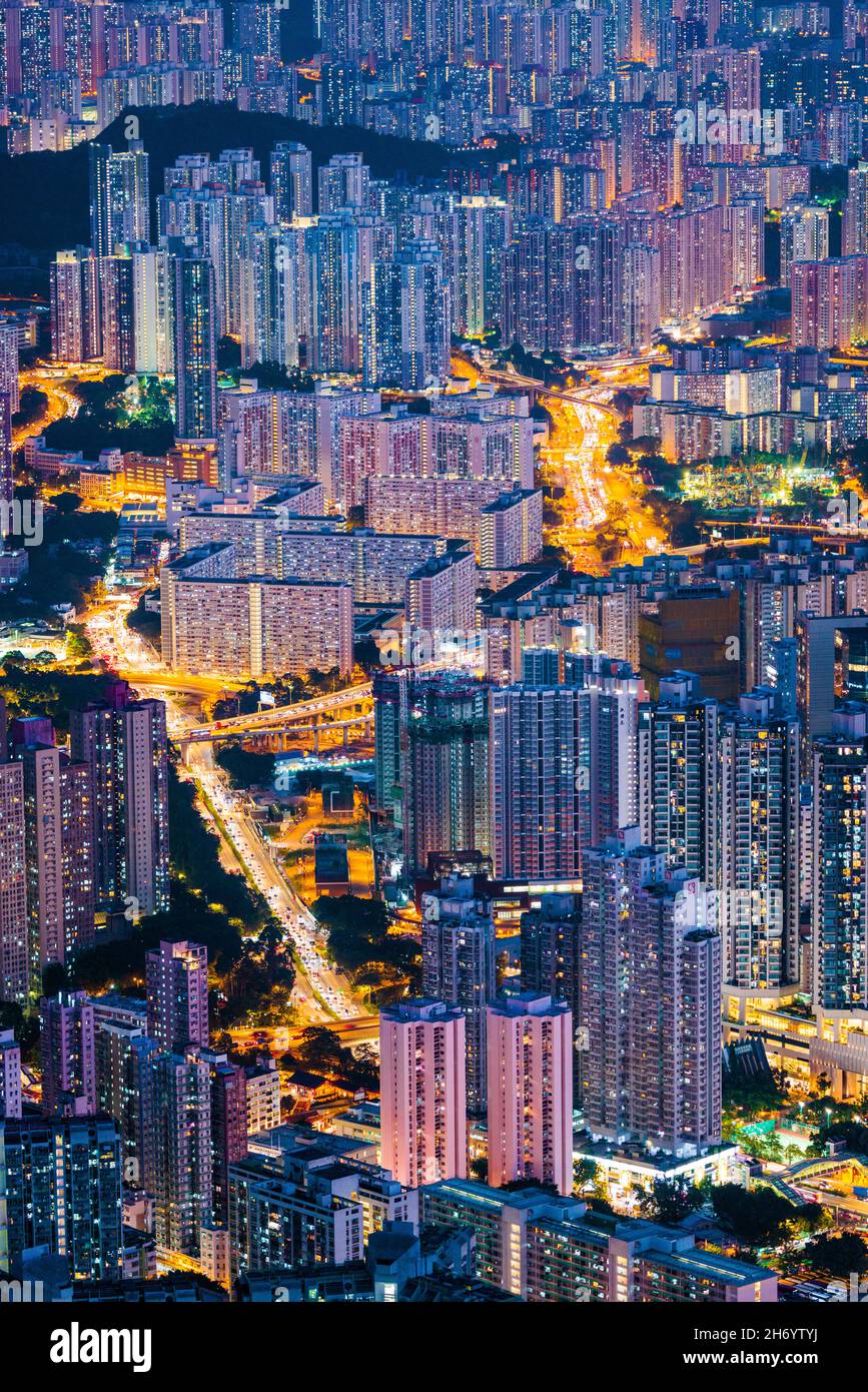 Nightscape of the residential area of downtown Kowloon, Hong Kong. cyberpunk color tone Stock ...