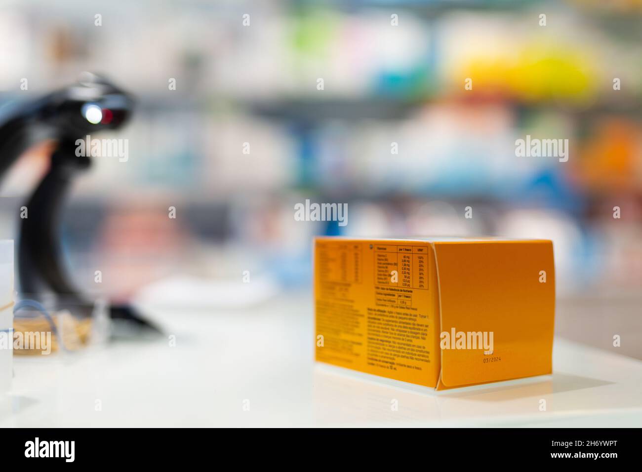 Pharmaceutical package on counter Stock Photo - Alamy