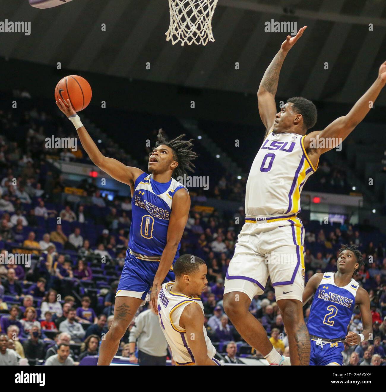 November 18, 2021: McNeese St. Trae English (0) tries to lay a shot ...